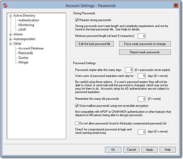How do I store mailbox passwords using non-reversible encryption?