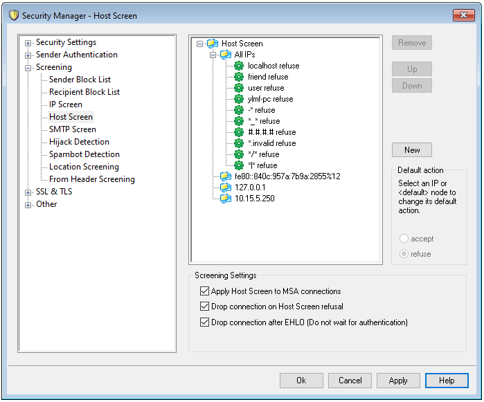 What are the recommended Security, Dynamic Screening, Spam Filter, and ...