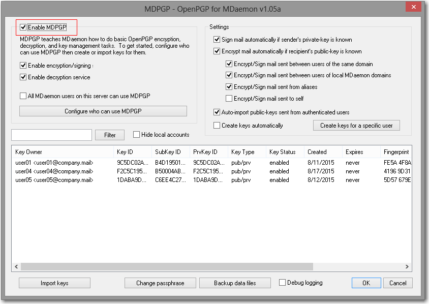 How to enable MDaemon PGP, configure who can use MDPGP, and create keys for specific users