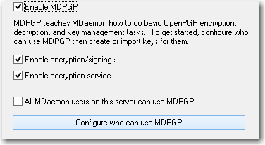 How to enable MDaemon PGP, configure who can use MDPGP, and create keys for specific users